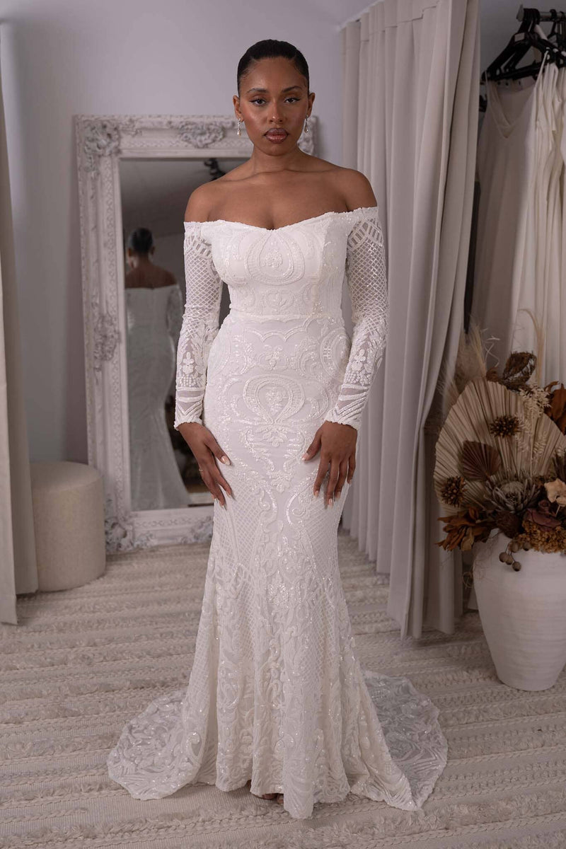 Gianna Off-Shoulder Long Sleeve Gown - White/White – Noodz Boutique
