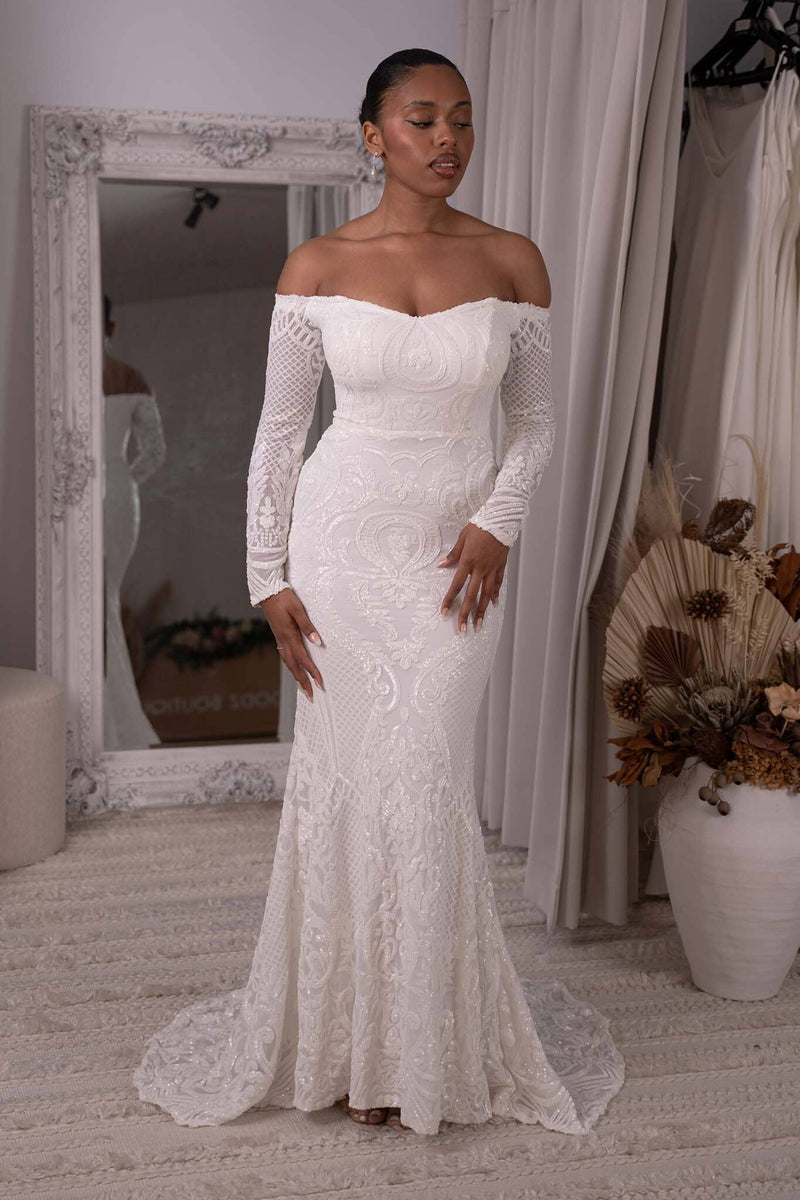 Gianna Off-Shoulder Long Sleeve Gown - White/White – Noodz Boutique