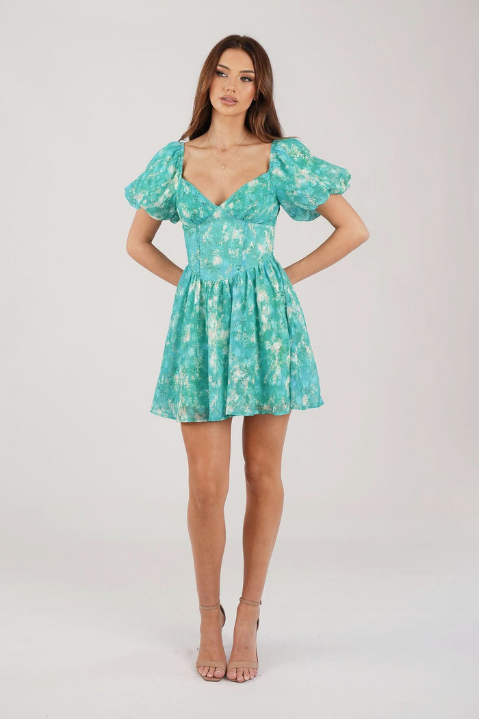 Miyah Puff Sleeve Mini Dress - Green Floral – Noodz Boutique