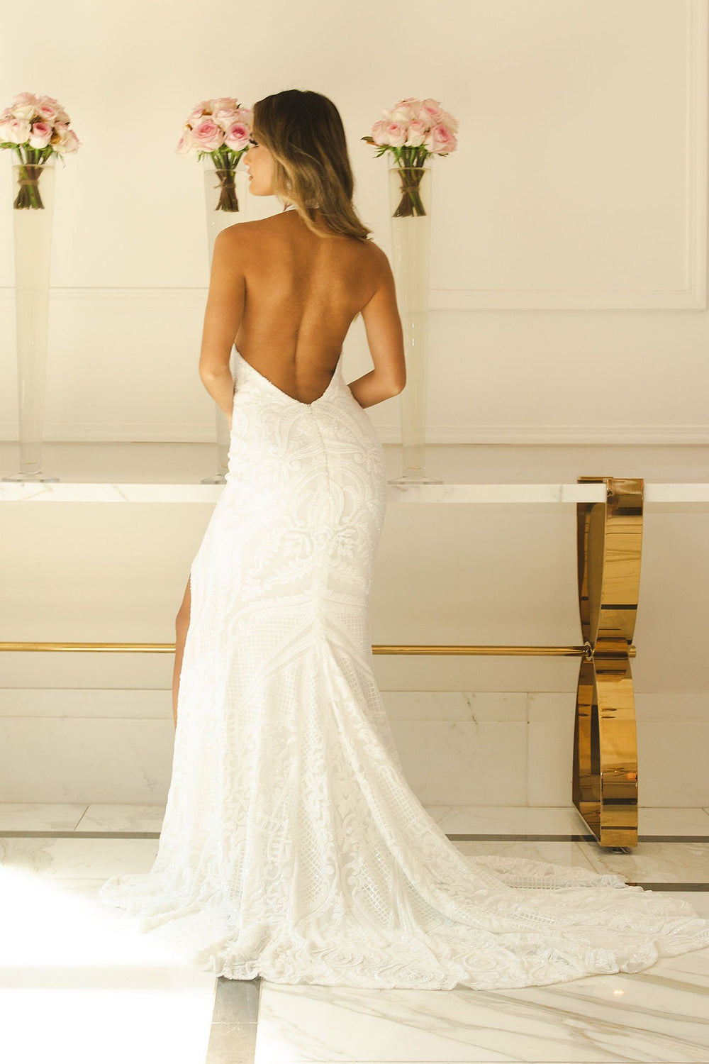 ARDEN Halter Neck Pattern Sequin Gown - White/White – Noodz Boutique