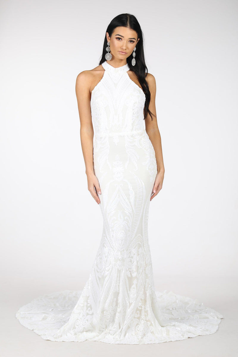Delilah High Neck Pattern Sequin Gown - White – Noodz Boutique