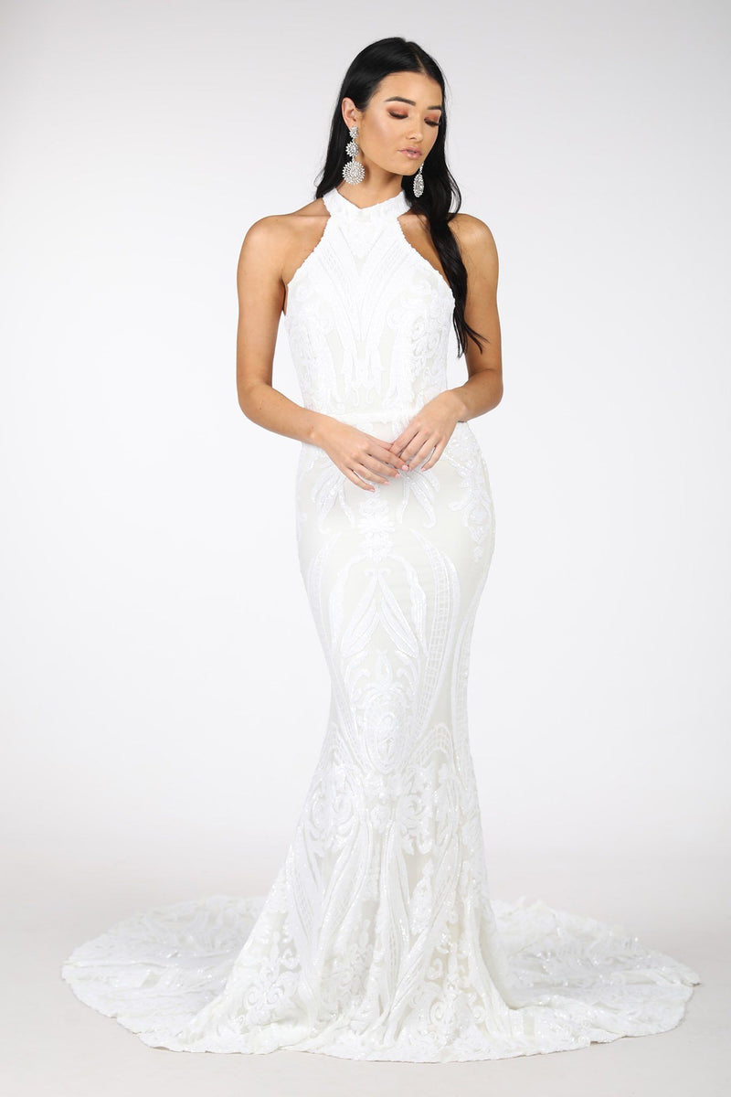 Delilah High Neck Pattern Sequin Gown - White – Noodz Boutique